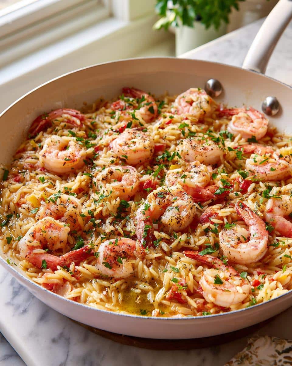 Easy One Pan Lemon Garlic Shrimp Orzo Recipe in 25 Minutes