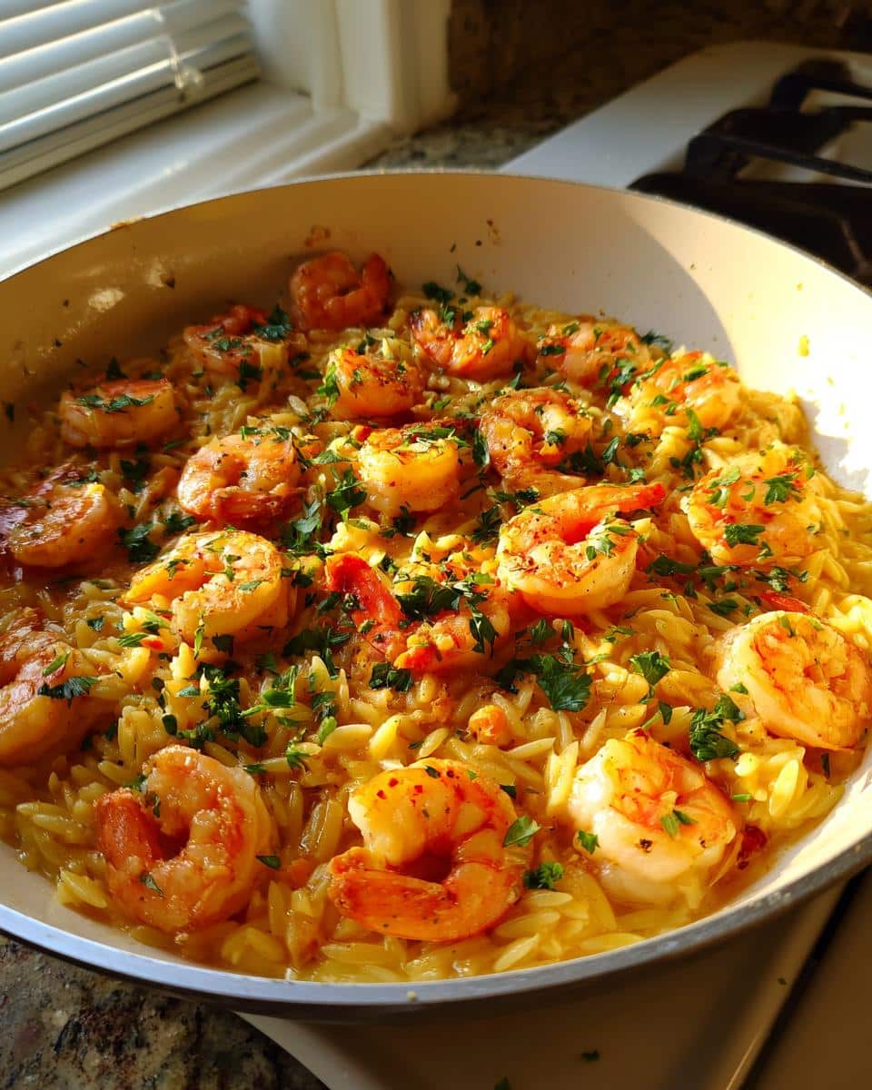 Easy One Pan Lemon Garlic Shrimp Orzo Recipe in 25 Minutes