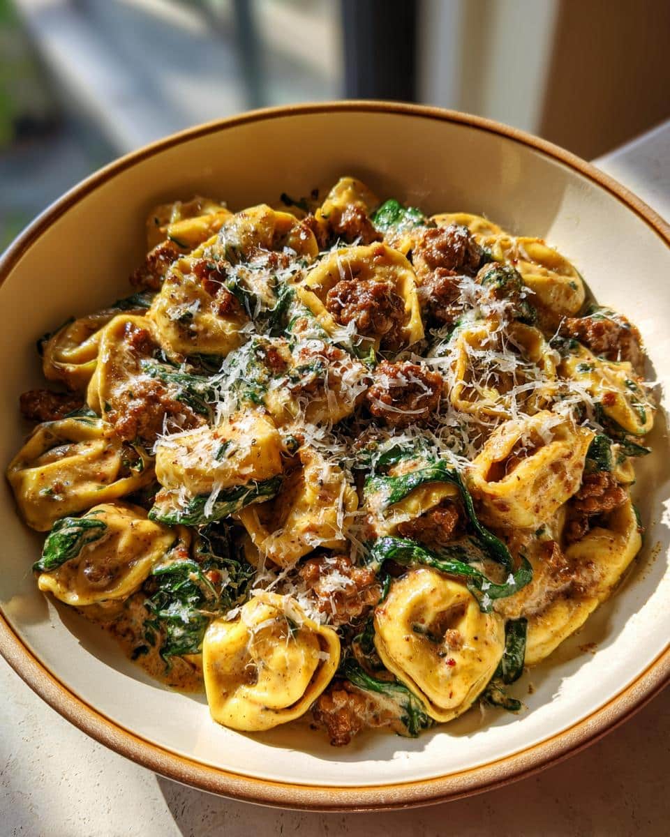30-Minute One Pot Creamy Spinach Sausage Tortellini Bliss